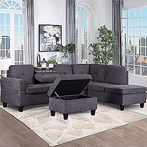 UBGO Furniture Sets,Living Room Sectional Sofa,L Shaped Storage Ottoman, Upholstered Sofá with 2 Cup Holder,Couch Longue for Indoor Home Apartment Office, Grey Left Chaise