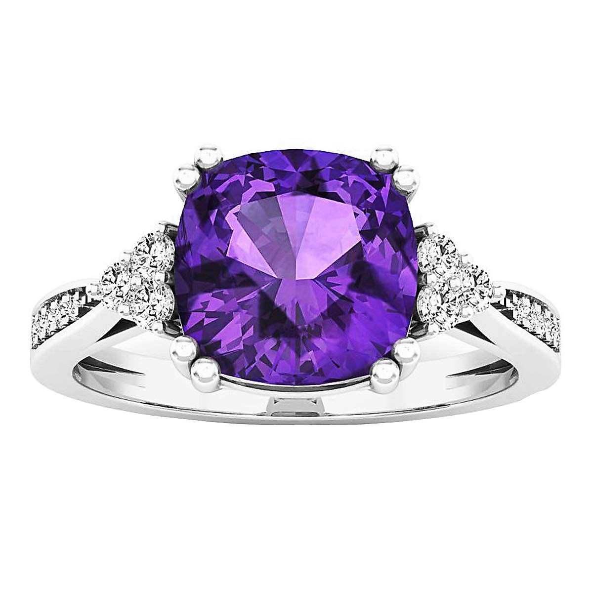 Dazzlingrock Collection 8 MM Cushion Amethyst and Round White Diamond Engagement Ring for Women in 14K White Gold, Size 7