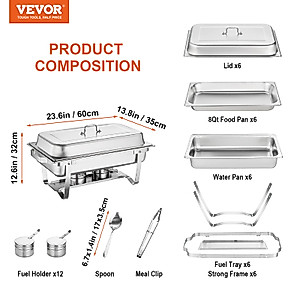 Vevor 8 Quart Chafing Dish Buffet Set Full Size Rectangular Chafer for Catering, 6 Packs, Silver : Home & Kitchen