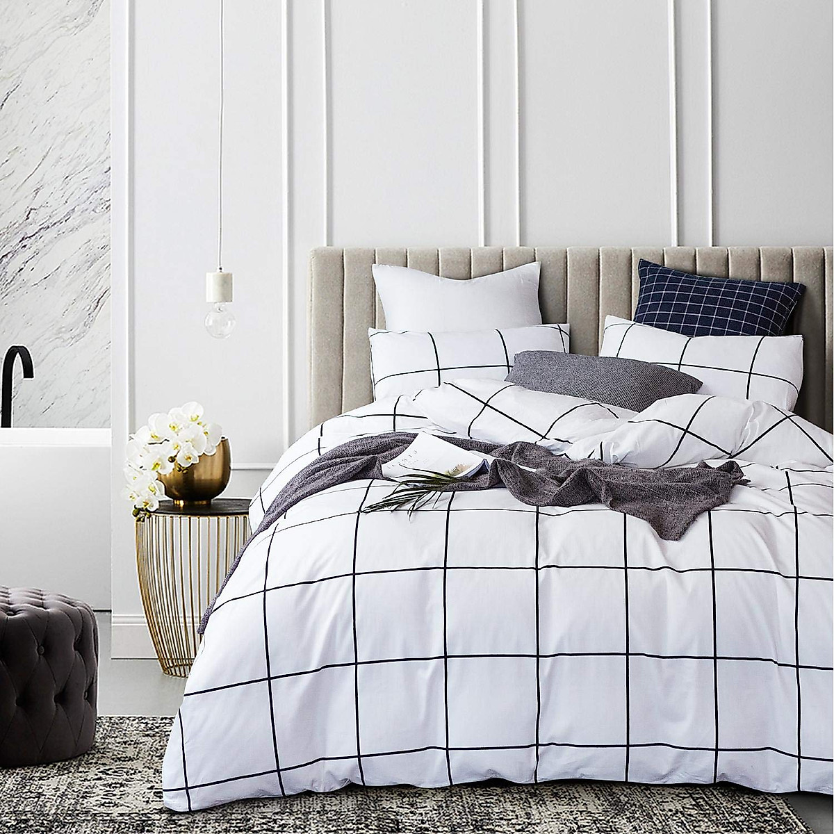 KAREVER White Grid Comforter Set Big Grid Queen Cotton White Black Plaid Printed Stripes Women Checkered Queen Comforters Bedding Set Bed Blanket Set White Plaid Comforter