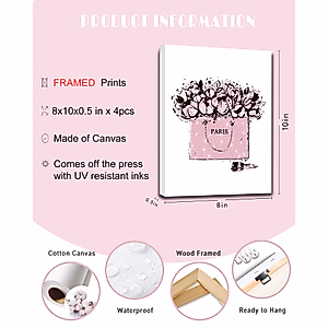 Drsoum Glam Pink Fashion Wall Decor,Woman Makeup Framed Wall Art,Hot Pink Girly Room Decor,Perfume Handbags High Heels Lipstick Wall Paintings Set of 4, 8x10 in (Framed)