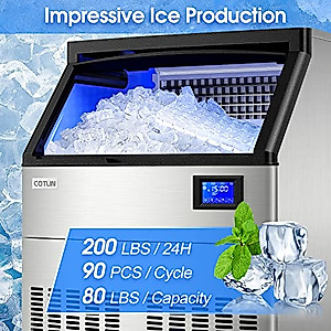 COTLIN Commercial Ice Machine 200LBS/24H with 80LBS Storage Bin, 26” Air Cooled Freestanding Ice Maker 10LBS Ice Bags Undercounter Clear Cube Ice Machine for Home Bar Restaurant, 115V (P518A)