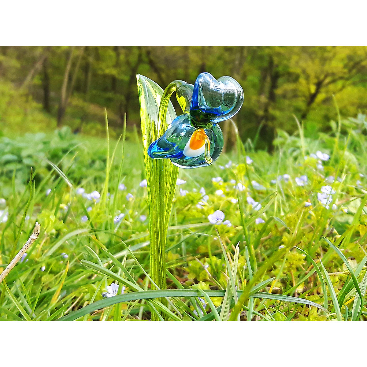 Glass Violet Flowers Figurine Blown Flower Sculpture Art Glass Flower Murano Blue Garden Flower Miniatures Figure Ornaments Flowers Gift for Girl