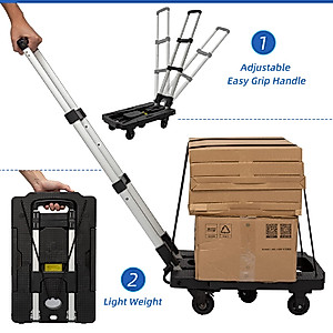 YooMoo Folding Hand Truck 5-Wheel Folding Trolley,Fold Up Luggage Utility Dolly,Heavy Duty Trolley Cart,Stretchable Platform Cart for Home Office Car Travel Luggage Moving