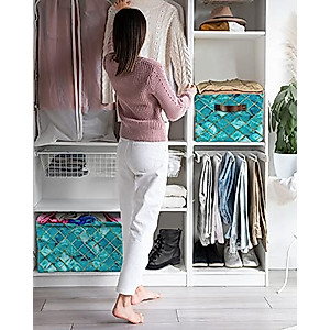 Storage Cubes Organizer with Handles, Blue Geometry Lattice Marble Storage Bins Fabric Collapsible Storage Baskets for Shelf Closet Nursery Cloth Organizers Box 2pcs-15x11x9.5in