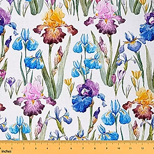 Floral Upholstery Fabric, Leaves Fabric by The Yard, Romantic Botanical Decorative Fabric, Iris Hyacinth Indoor Outdoor Fabric, Watercolor DIY Art Waterproof Fabric, Blue Purple, 1 Yard