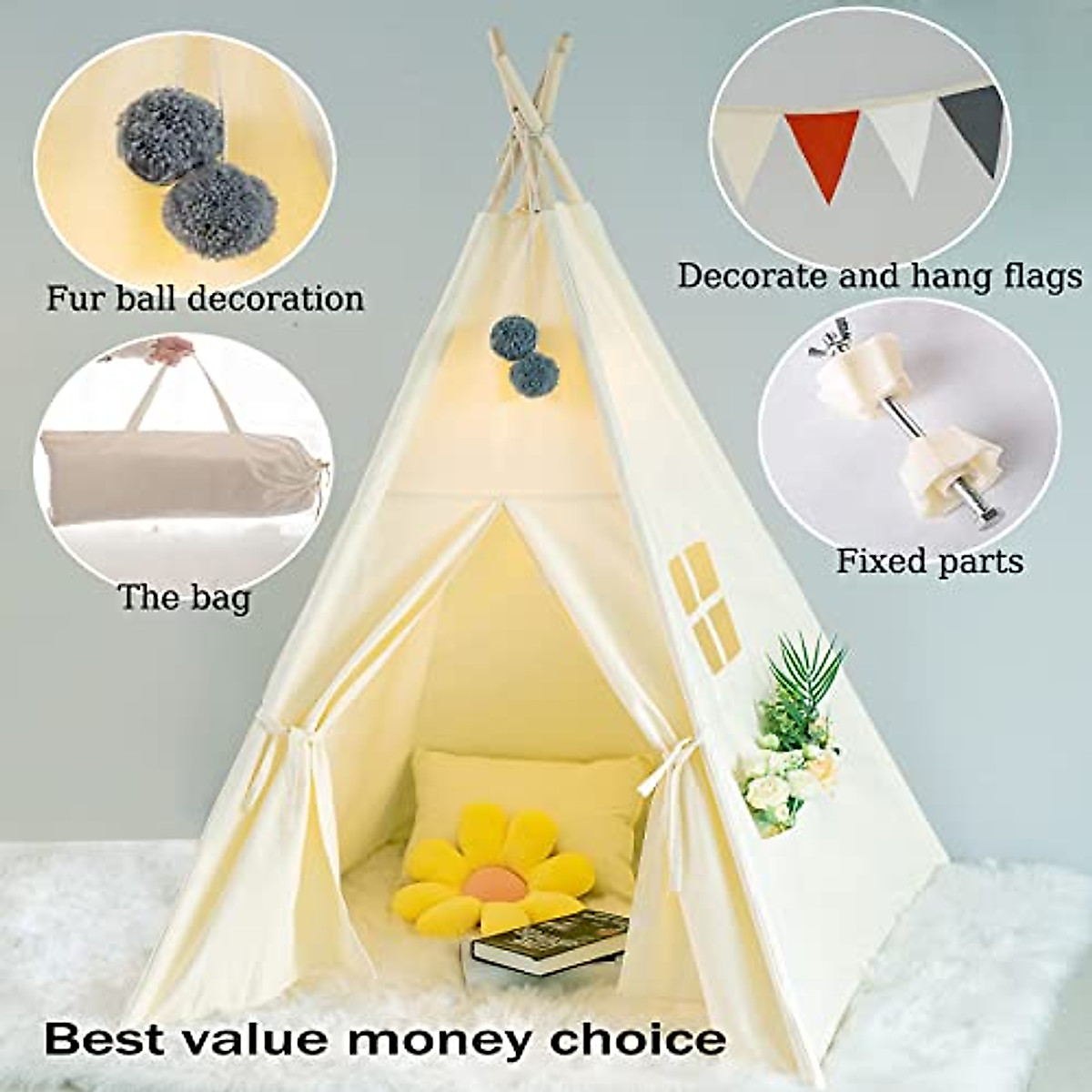 RongFa Teepee Tent for Kids-Portable Children Play Tent Indoor Outdoor (Beige Without Mat)