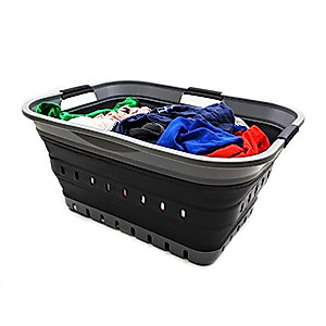 SAMMART 42L Collapsible Plastic Laundry Basket - Foldable Pop Up Storage Container/Organizer - Portable Washing Tub - Space Saving Hamper/Basket (1, Grey/Black)