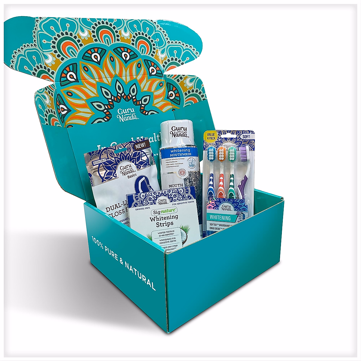 GuruNanda Teeth Whitening Razzle Dazzle Kit - Includes 14 Whitening Strips, 4 Pk Whitening Toothbrush, 150 ct Floss Picks & 1 Dual Barrel Mouthwash - Enamel Safe Dental Kit for Sensitive Teeth & Gums