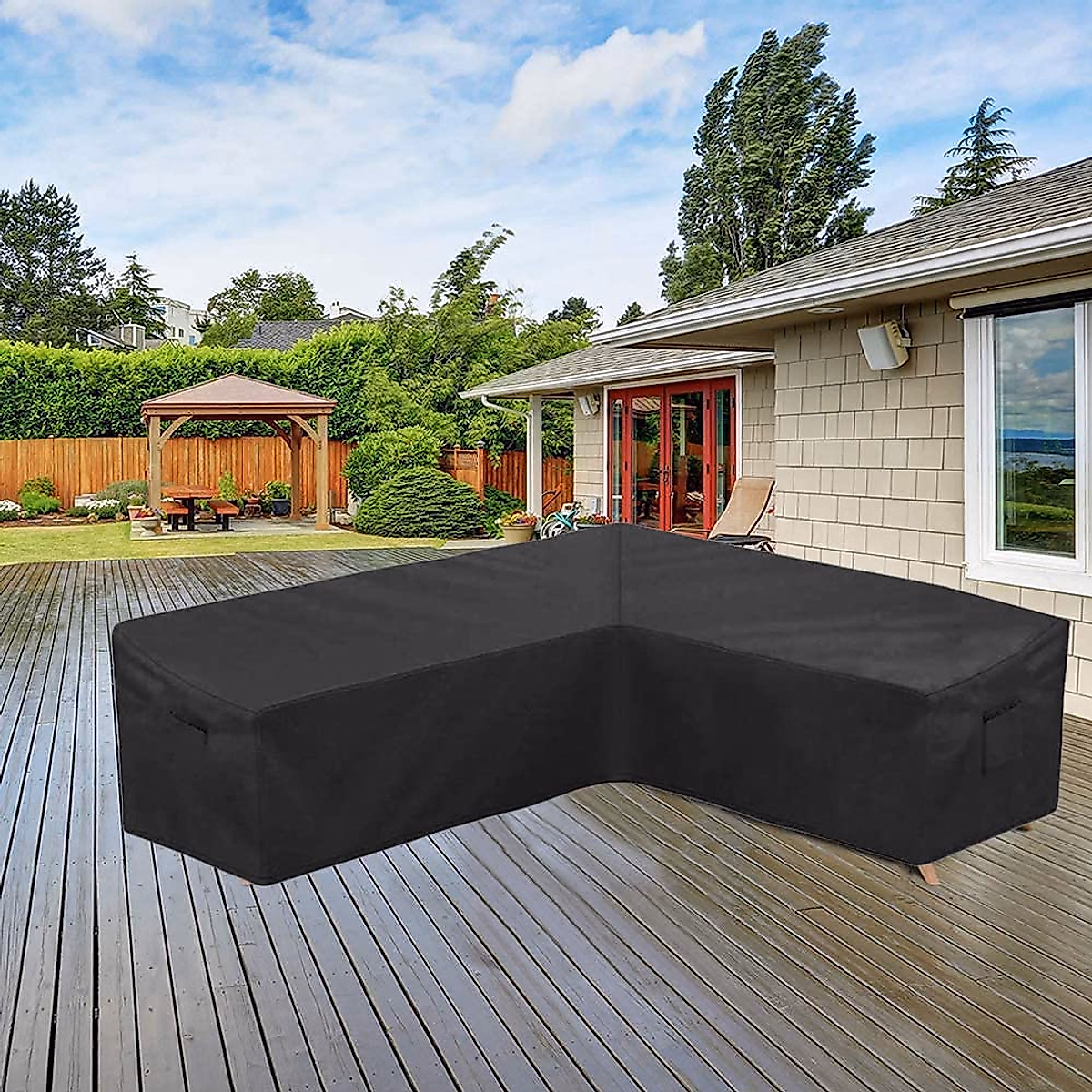 Skyour Patio Furniture Sectional Couch Sofa Cover Weatherproof Heavy Duty 420D Oxford Outdoor V Shaped Sectional Garden Rattan Corner Sofa Furniture Protector Covers Black (V-Shape: 117x117in)
