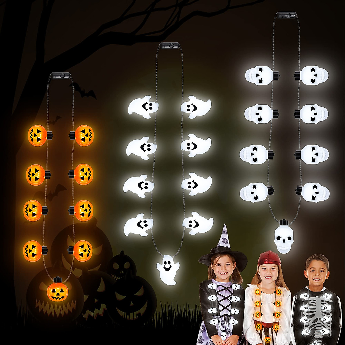 Halloween Necklaces Accessories, 3Pcs Halloween Light Up Necklace, Halloween Pumpkin Skull Ghost Glow Necklaces, 3D Light Halloween Party Favors Necklaces for Trick or Treat Halloween Decorations