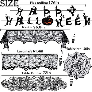 7 Pack Halloween Decorations Indoor Set- Halloween Fireplace Mantel Scarf&Spider Table Runners&Round Tablecloth&Halloween Banner&Cobweb Lampshade&Coasters&3D Bat Sticker for Halloween Party Decors (A)