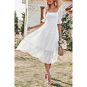 MEROKEETY Women's White Dress Summer Square Neck Puff Sleeve Boho Midi Dress Swiss Dot Ruffle Flowy Tie Back Dress, White, S