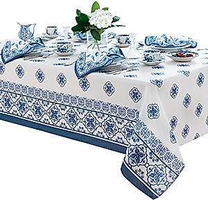 Newbridge Mykonos Blue Mediterranean Tile Bordered Fabric Tablecloth - Blue Medallion Print Indoor/Outdoor, Stain Resistant, No-Iron Tablecloth, 52 Inch x 70 Inch Oblong/Rectangle