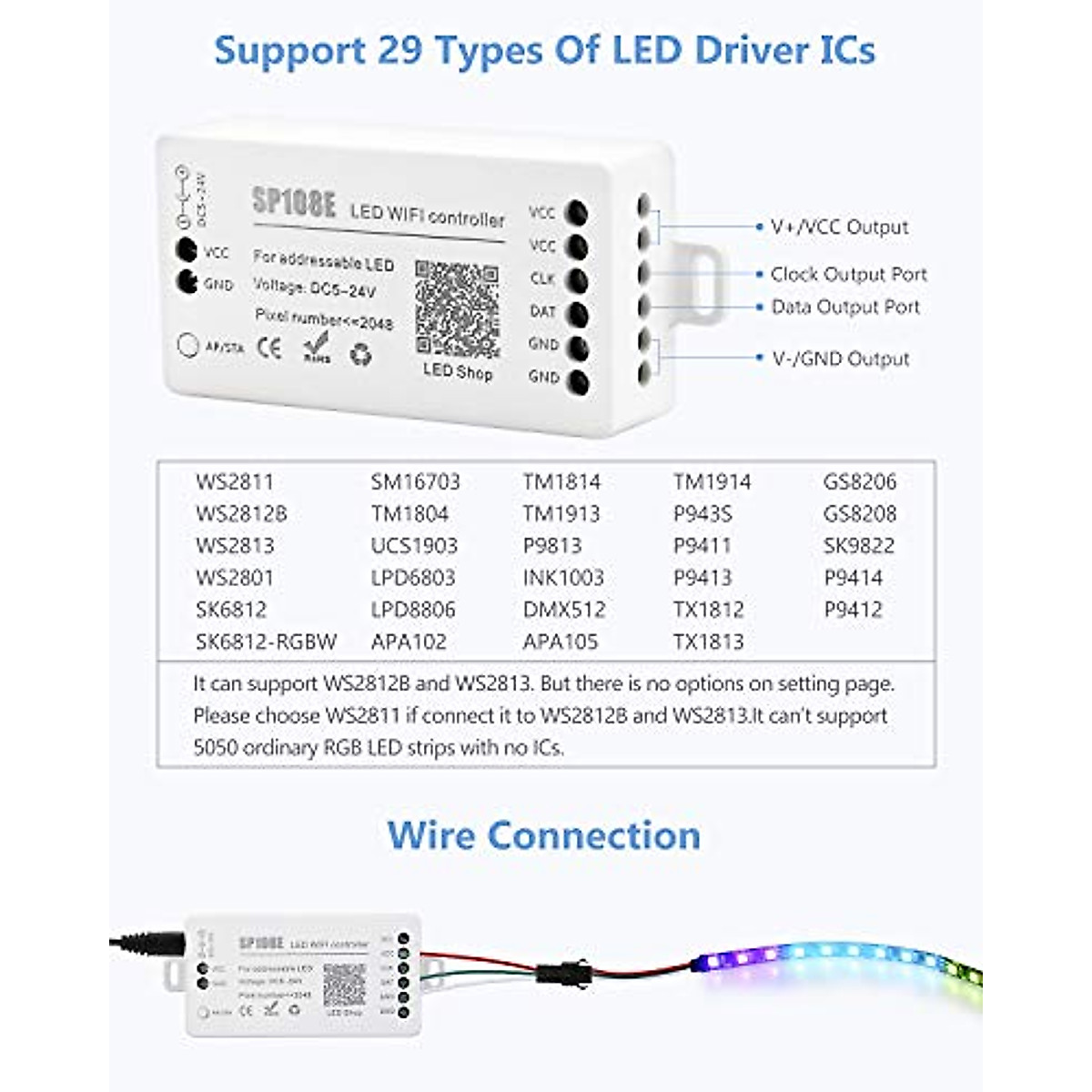 ALITOVE WS2812B WS2811 WS2801 LED WiFi Controller, iOS Android App Wireless Remote Control DC 5V~24V SP108E for SK6812 SK6812-RGBW WS2812 WS2813 WS2815 AL2815 Digital Addressable RGB LED Pixels Strip