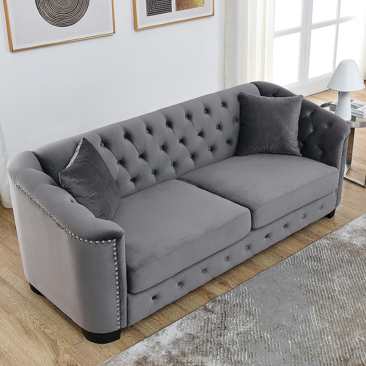 POCIYIHOME 77" Velvet Chesterfield, Deep Button Tufted 3 Seater Sofa Couch with Upholstered Backrests and Nailhead Trim Arms for Living Room, Recliner Loveseat Folding Daybed, 2 Pillows (Grey)