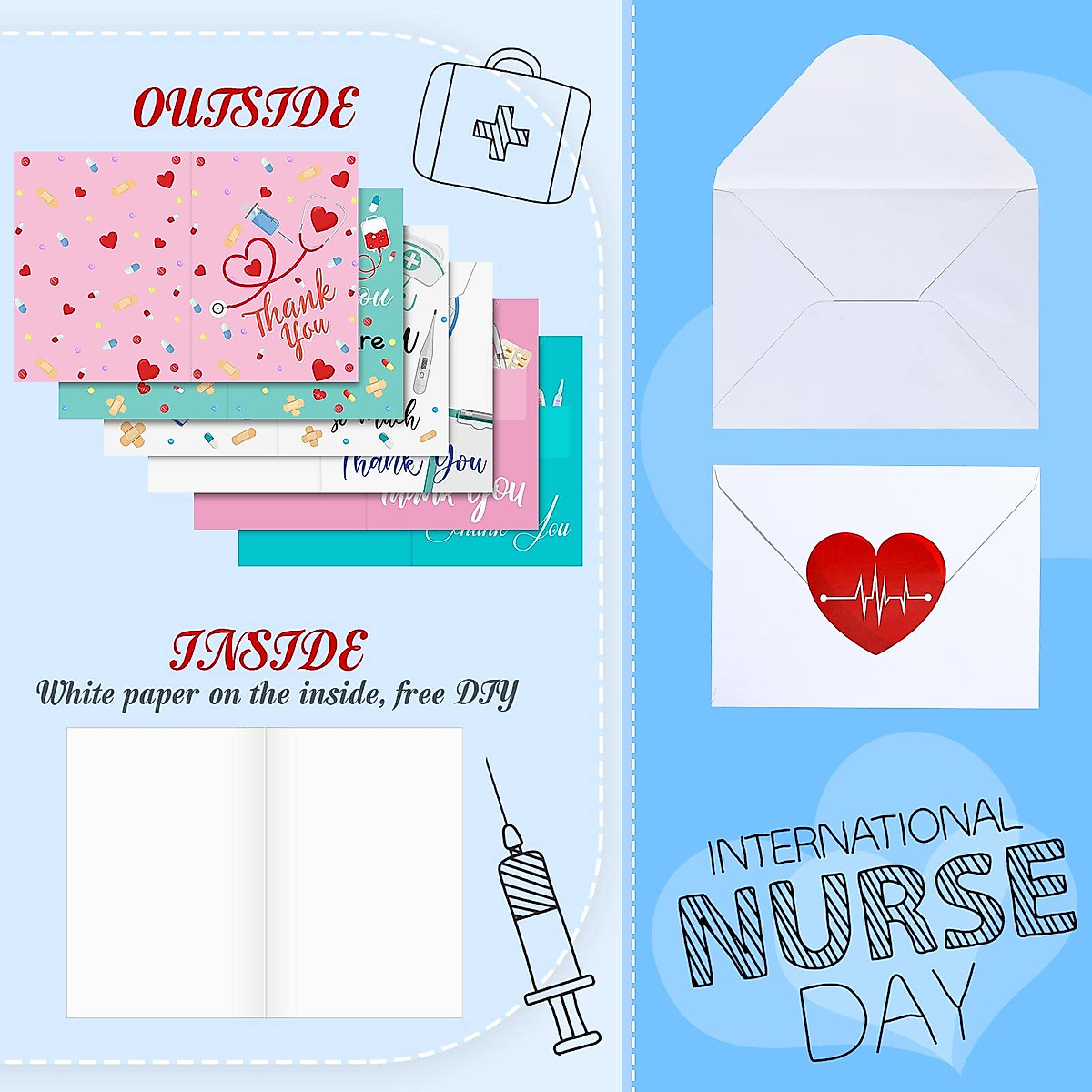 Jutom 60 Sets CNA Nurse Week Gift National Healthcare Graduation Appreciate Gift Card Thank You Cards for Nurses Doctor with Stickers Envelopes Greeting Card Nurses Week Day Medical Assistant