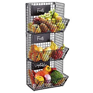 Wall Mounted Wire Basket Hanging Fruit Basket, 3 Tier Kitchen Storage Bins Fruit Vegetable and Pantry Organizier Stand, Produce Rack, Black,