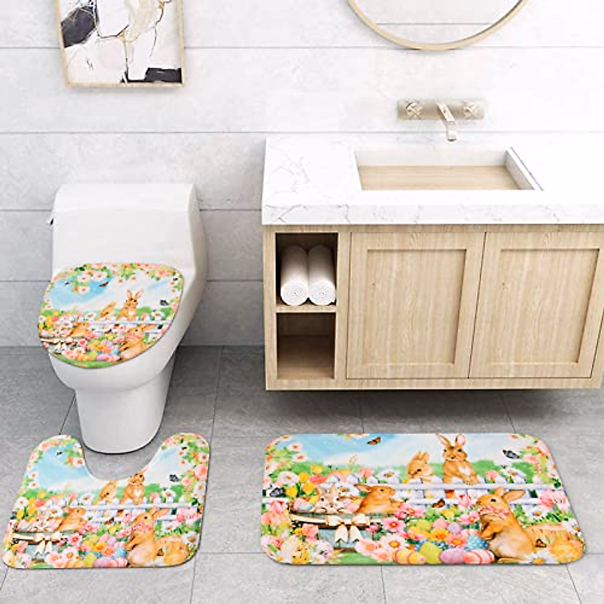 Likiyol 4 Pcs Easter Shower Curtain Sets with Non-Slip Rugs, Toilet Lid Cover and Bath Mat, Bunny Rabbit Shower Curtain with 12 Hooks, Spring Floral Easter Bathroom Set