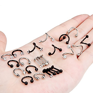 Ovxznts 24Pcs Assorted Design 16g Lip Rings Studs Medusa Piercing Jewelry Surgical Steel Monroe Labret Tragus Earrings Hoop Horseshoe Septum Ring Twist Helix Cartilage Piercings for Women Men