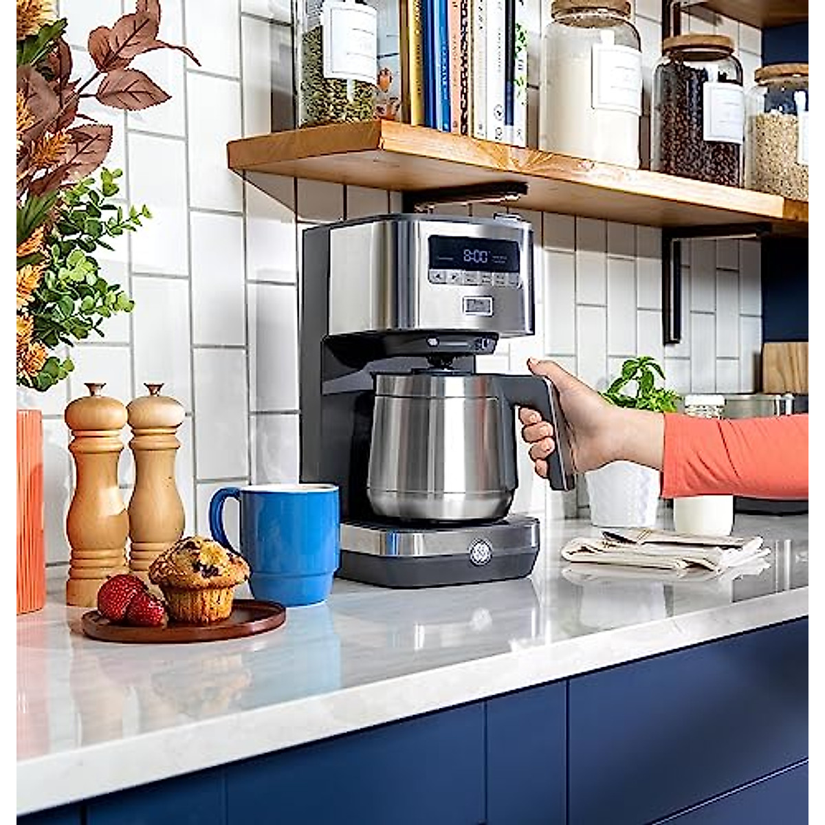 GE Drip Coffee Maker With Timer | 10-Cup Thermal Carafe Pot Keeps Coffee Warm for 2 Hours | Adjustable Brew Strength | Wide Shower Head for Maximum Flavor | Kitchen Essentials | Stainless Steel