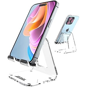 ZAW Acrylic Cell Phone Stand, Office Desk Accessories Clear Phone Stand for Desk, 4MM Acrylic Phone Holder, Compatible with iPhone 14 Pro, Samsung S21 S20 Smartphones (1xPack)