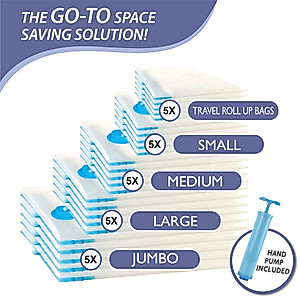 25 Pack Space Saver Bags (5 Jumbo/5 Large/5 Medium/5 Small/5 Roll) Compression Storage Bags for Comforters and Blankets, Vacuum Sealer Bags for Clothes Storage, Hand Pump Included