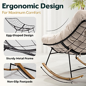 Bme Patio Rocking Chair Outdoor & Indoor with Ottoman, Metal Patio Lounge Rocking Chair with Thick Cushion, Comfy Modern Rocker Chair, Beige Cushion - Wood Texture Rocker