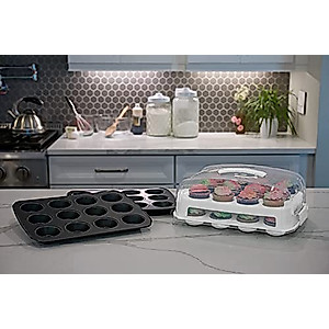 Top Shelf Elements Cupcake Carrier With Two Muffin Pan/Cupcake Pan Stylish Cupcake Carrier With Handle Carrier Holds 24 Cupcakes Muffin Tin Makes 12 Cupcakes each Non Stick Cupcake Tray For Baking