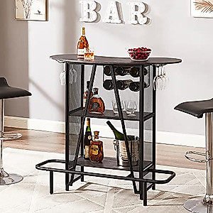 VECELO Bar Unit with Metal Mesh Front, 3-Tier Wine Rack Table with Glasses Holder, Home Liquor Cabinet with Storage and Footrest for Living Room, Kitchen, Cement Grey