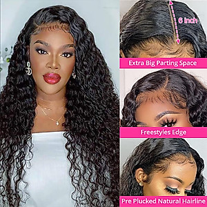SNJON Water Wave 13x6 HD Transparent Lace Front Wigs Human Hair 180 Density Wet and Wavy Wigs for Women Curly Lace Front Wigs Pre Plucked with Baby Hair Natural Color (18 Inch)