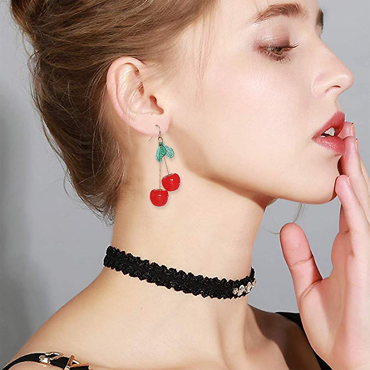 T-ztoss 18K Gold Plated Vintage 3D Red Big Cherry Charm& Green Crystal Leaf Fruit Tassel Women Hook Dangle Drop Earrings for Women(cherry earrings)