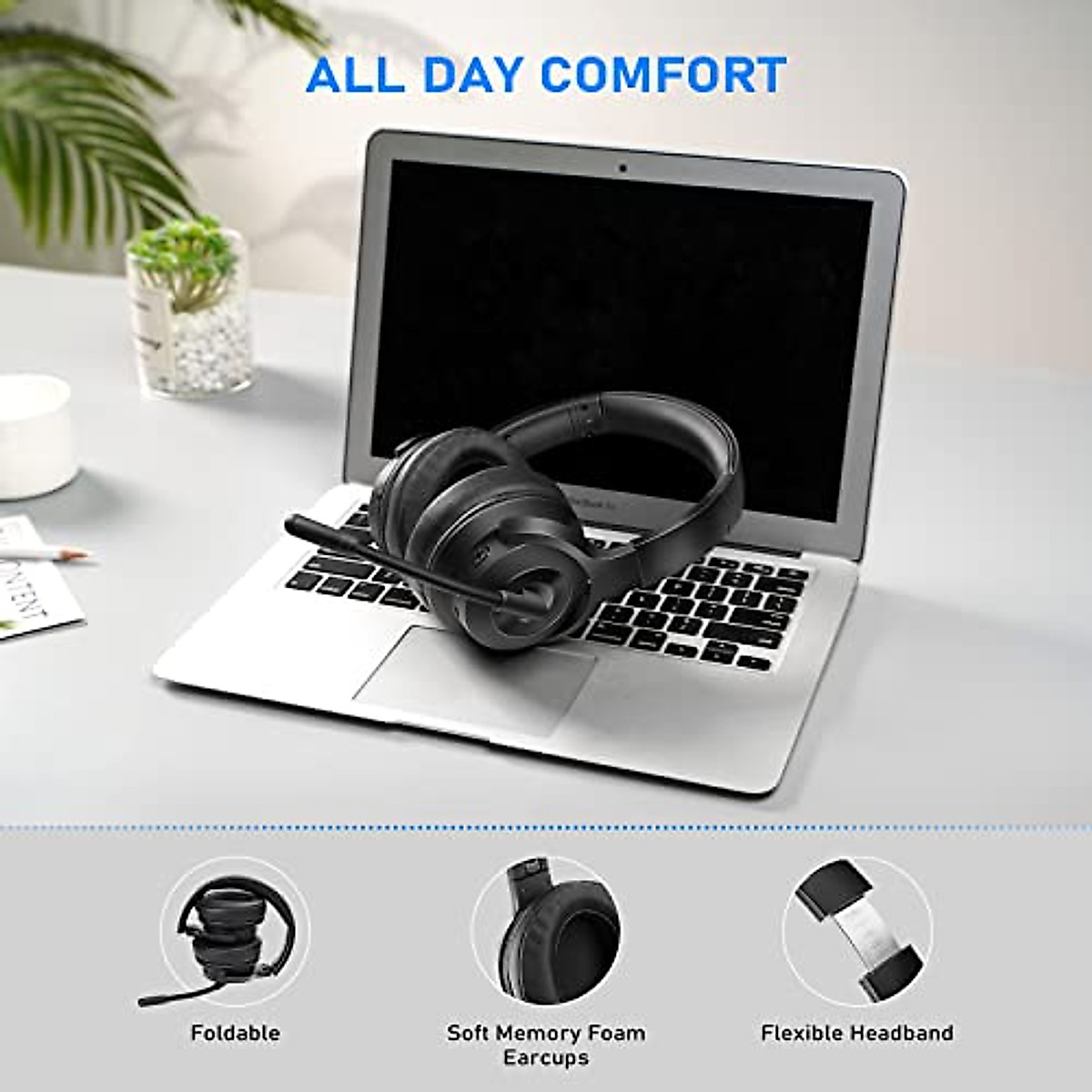 Bluetooth Headphones with Microphone, Over-Ear Wireless Bluetooth Headset with BT 5.0 USB Dongle, Active Noise Cancelling, Rechargeable, Hands-Free Calls, 80H Playtime for PC/Computer/Laptop/Cellphone