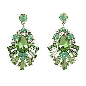 Antique Vintage Retro Art Deco Style Lime Peridot Green Rhinestone Dangle Wedding Bridal Prom Bridesmaid Cluster Earrings