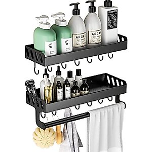 Shengsite Shower Caddy Shelf, Wall Mounted Shower Organizer with Towel Bar and Hooks, Drill Free Aluminum Alloy Caddy Rack for Bathroom, Kitchen, Bedroom, Over Toilet - Set of 2