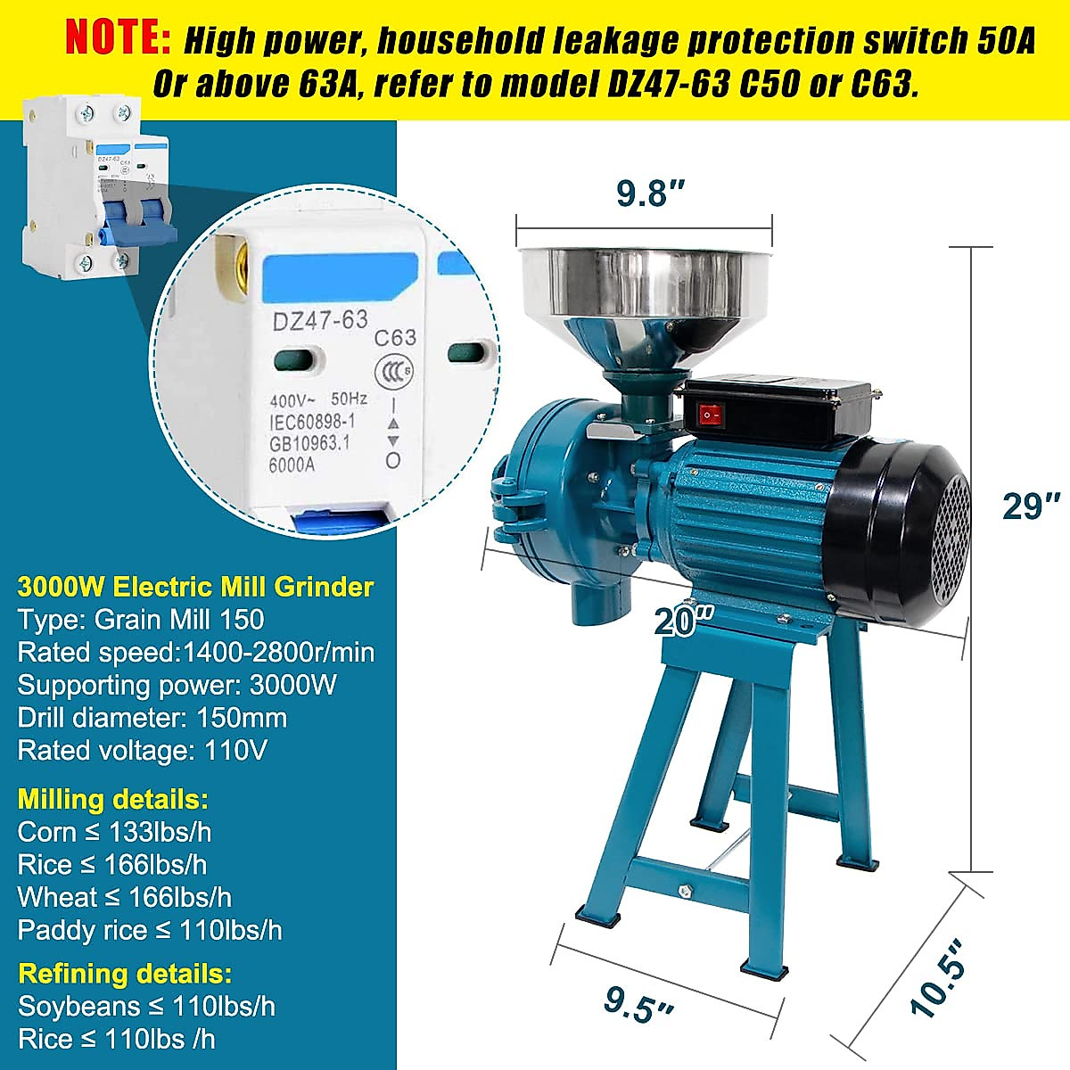 Grain Mills, 3000W Wet Dry Cereals Grinder Electric Grain Grinder Corn Mill Heavy Duty 110V Commercial Grain Grinder Machine Rice Corn Grain Coffee Wheat Feed Mill Flour Mill with Funnel