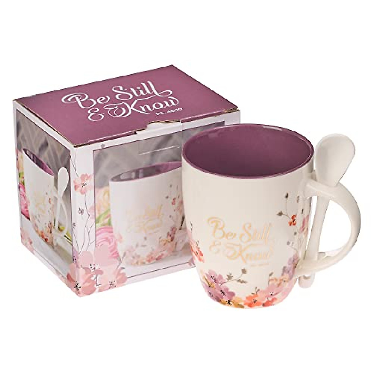 Christian Art Gifts Coffee and Tea Scripture Mug with Ceramic Spoon Set for Women: Be Still and Know - Psalm 46:10 Inspirational Bible Verse Message Hot & Cold Beverage, Purple/White Floral, 12 oz.
