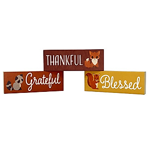 Fall Decorating Grateful Thankful Blessed Wood Block Signs – 3-Piece Fall Decor Set, Thanksgiving & Friendsgiving Decorations, Autumn Tiered Tray Accents