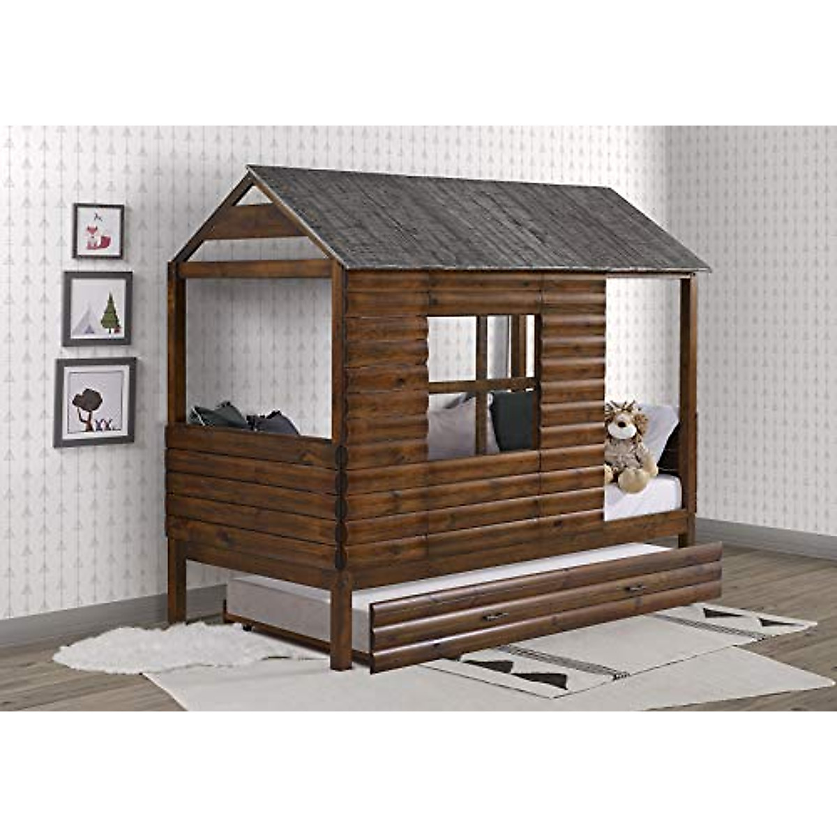 Donco Kids Twin Log Cabin Low Loft w/Twin Trundle, Rustic Walnut, Double
