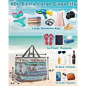Mesh Beach Tote Bag Western Texas Star 60L Oversize Beach Tote Berries Farmhouse Live Laugh Love Toy Tote Grocery Storage Net Swim Bag with Pockets Foldable Lightweight for Beach Pool 24"x18"x8"