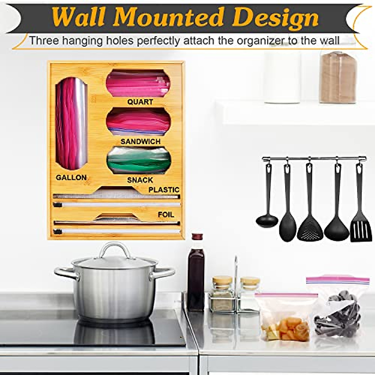 FuBegi Ziplock Bag Storage Organizer and Plastic Wrap Stretch Film Dispenser with Cutter, 6 In 1 Bamboo Ziplock Bag Organizer for Gallon, Quart, Sandwich, Snack Kitchen Drawer Organizer