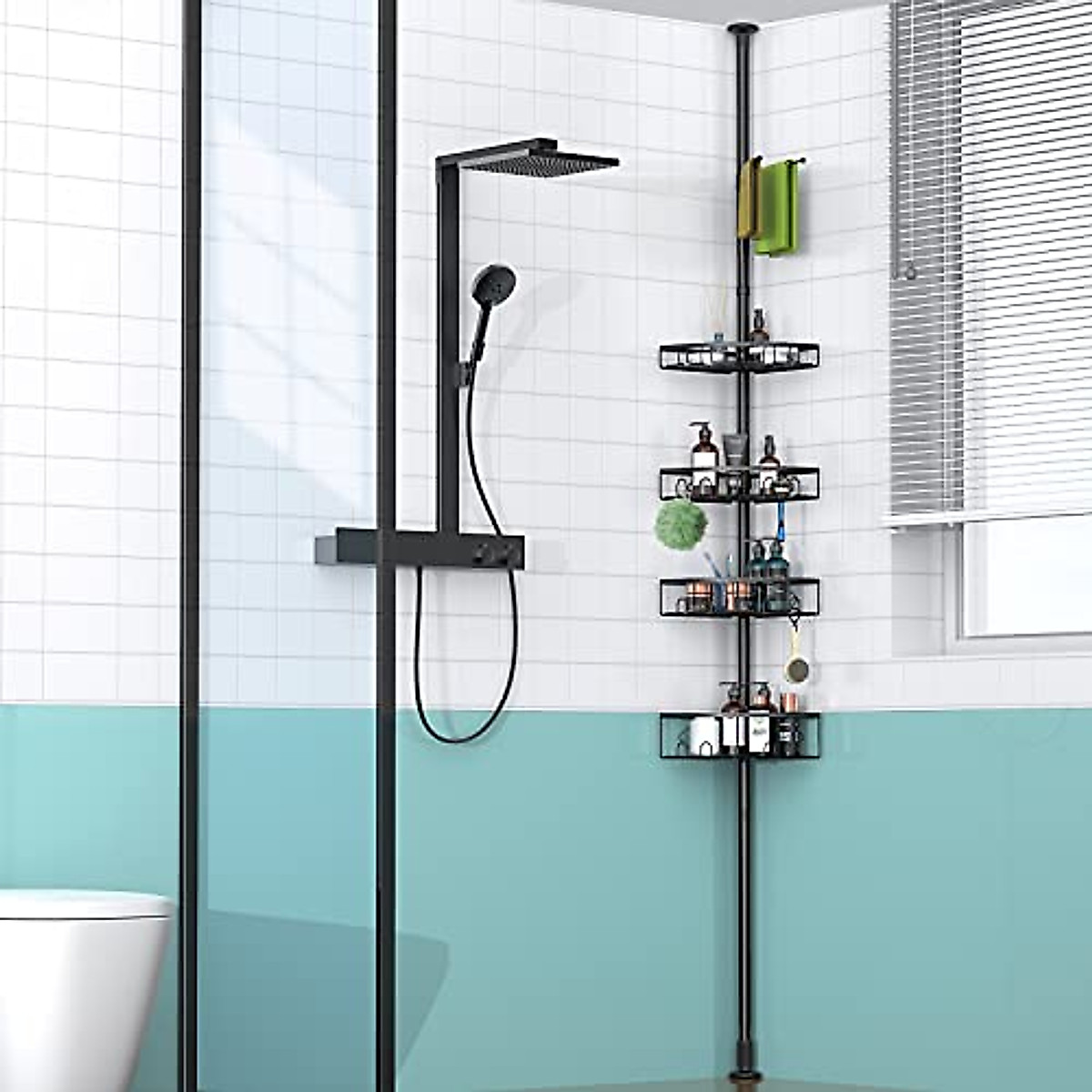 Kadolina Corner Shower Caddy Tension Pole, 4 Tier Shower Basket Shelves, 53-120 inch Adjustable Height Shower Storage Rack, Bathroom Bathtub Shampoo Holder Organizer Shower Accessories (Black)