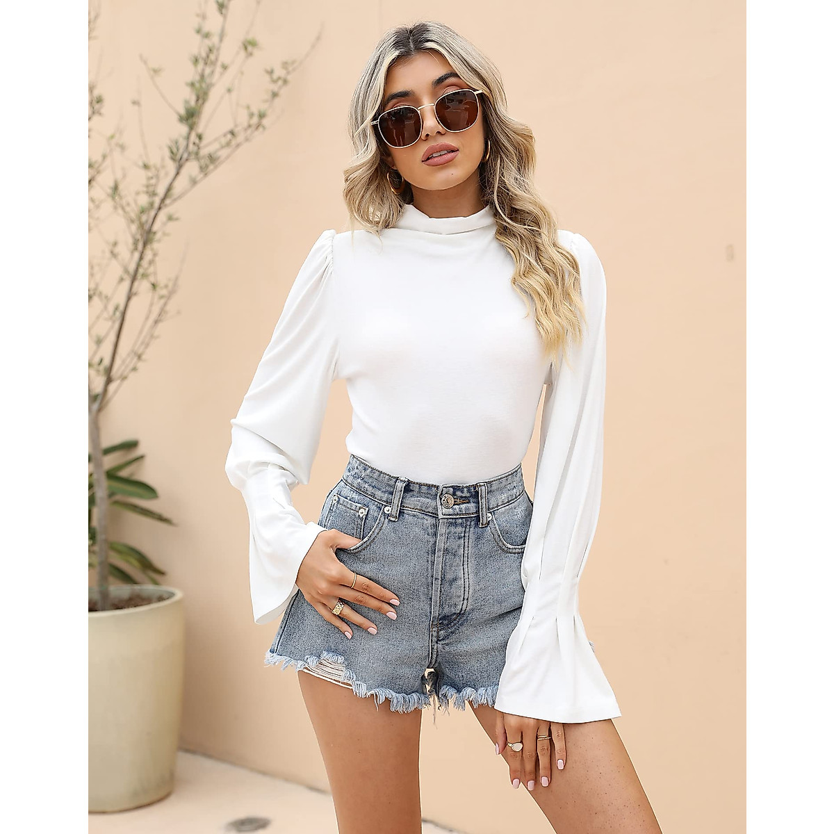 NATACATA Women's Mock Neck Turtleneck Long Sleeve Pullover Tops Bell Sleeve Blouse Casual Work Office Top White