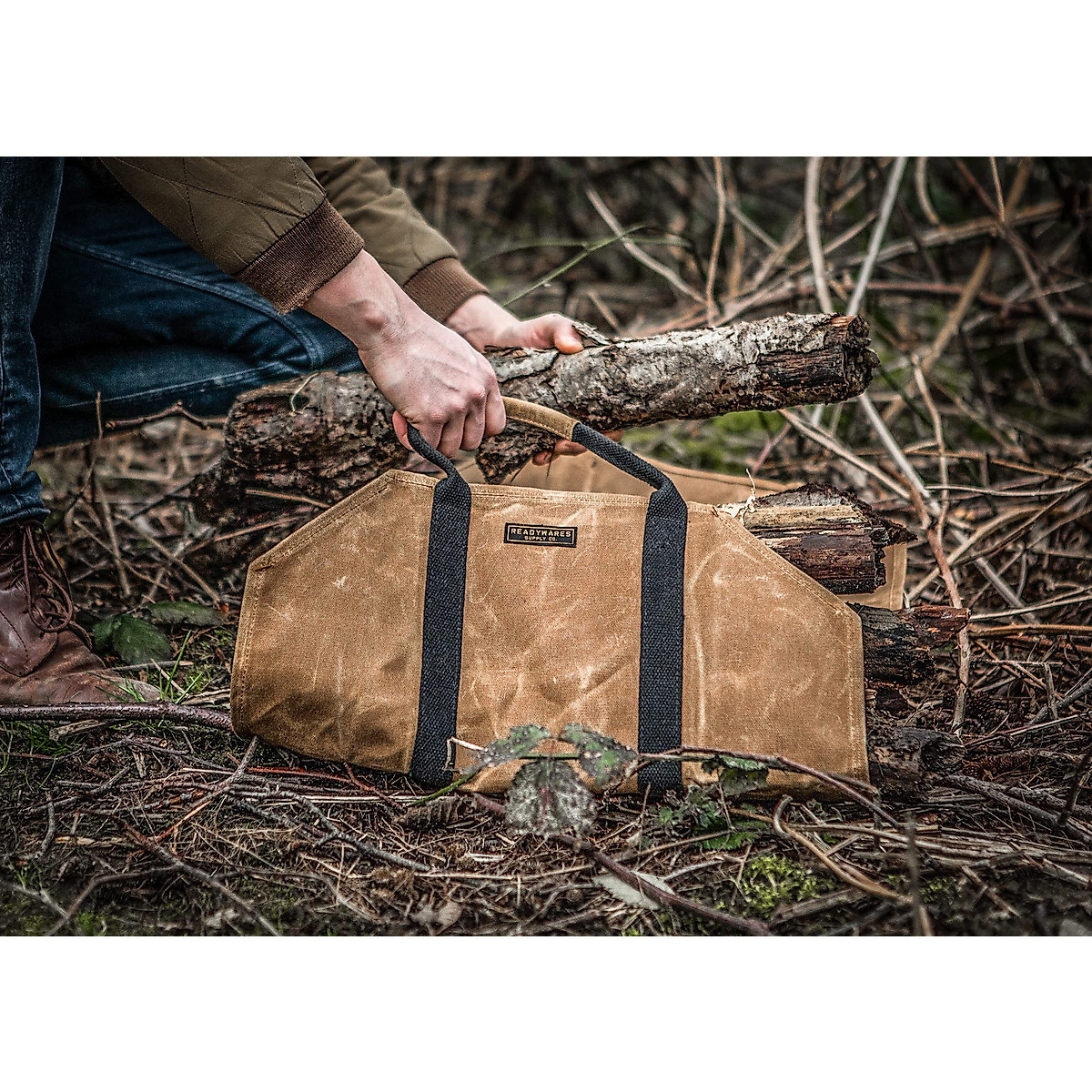 READYWARES Waxed Canvas Firewood Carrier, Heavy Duty Firewood Log Carrier, Classic Durable Design Tan