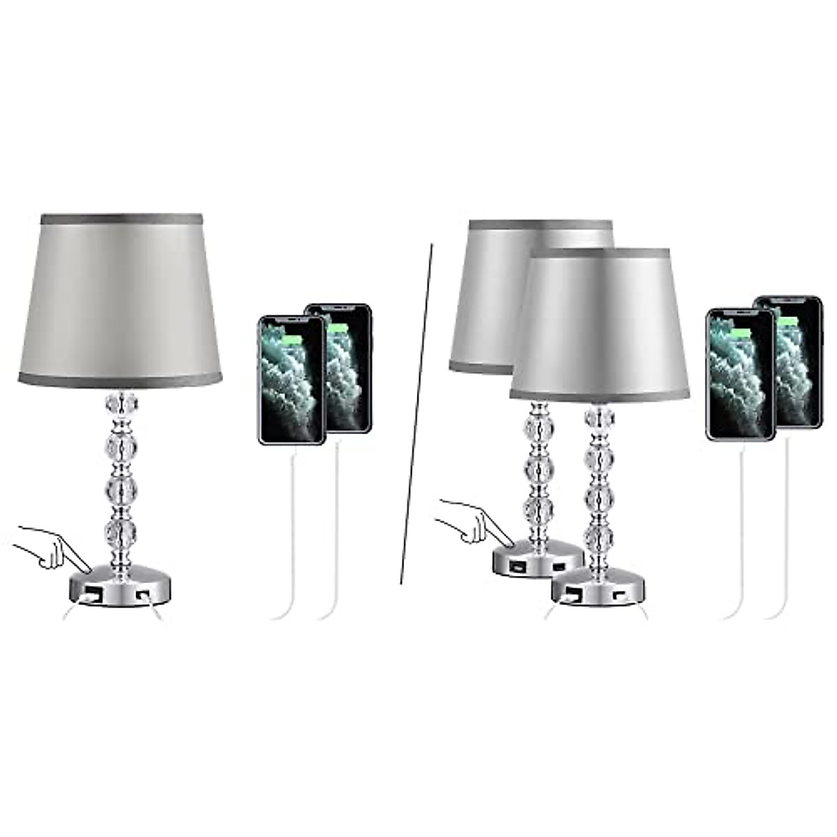 Unfusne Set of 3 Crystal Lamp with USB Port - Touch Control Table Lamp for Bedroom 3 Way Dimmable Nightstand Bedside Lamp with Gray Fabric Shade, Small Lamps for Living Room, Dorm, Home,Office