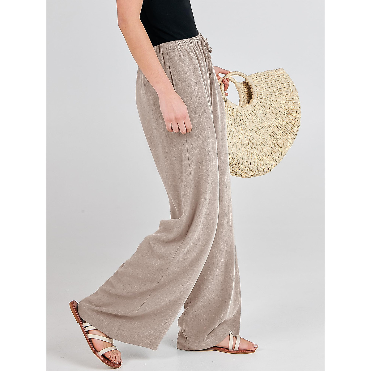 ANRABESS Women's Linen Summer Palazzo Pants Elastic Waist Casual Beach Trendy Wide Leg Trousers with Pockets Large Light Khaki