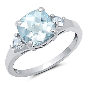MAX + STONE Cushion Cut Blue Aquamarine Three Stone Ring for Women in 10k White Gold with Created White Sapphire Accents and March Birthstone Size 6