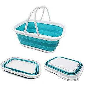 SAMMART 15.5L (4.1 Gallon) Collapsible Tub with Handle - Portable Outdoor Picnic Basket/Crater - Foldable Shopping Bag - Space Saving Storage Container (Bright Blue)