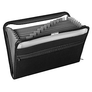 Globe-Weis Pendaflex 13-Pocket Fabric/Poly Expanding Zip File, A-Z, Monthly & Blank Adhesive Labels, Letter Size, Black Fabric Cover, Poly Dividers (84087BLK)