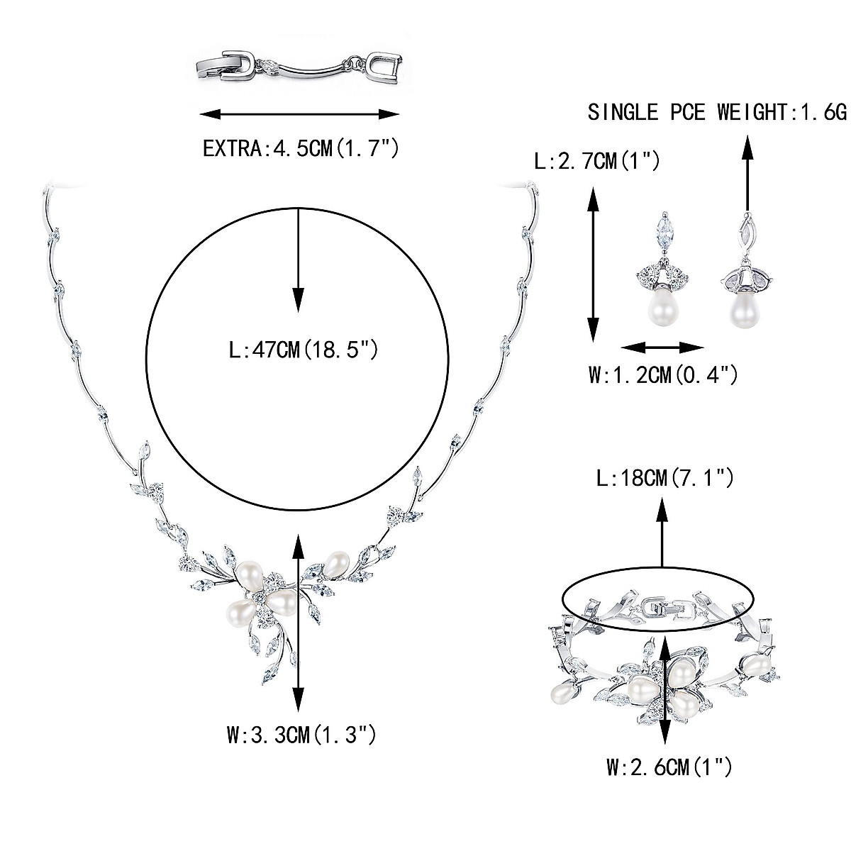 EVER FAITH Clear Marquise CZ Simulated Pearl Bride Flower Leaf Filigree Necklace Earrings Bracelet Set Silver-Tone